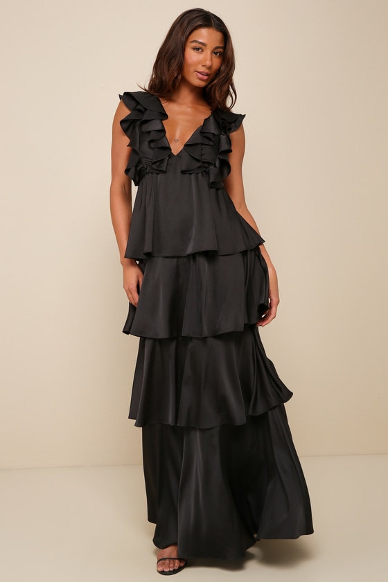 Black Satin Dress - Tie-Back Maxi Dress - Ruffled Tiered Dress - Lulus