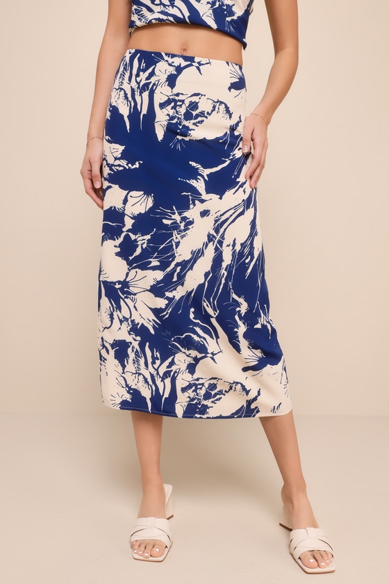 Blue Floral Abstract Skirt - High-Rise Skirt - A-Line Midi Skirt - Lulus