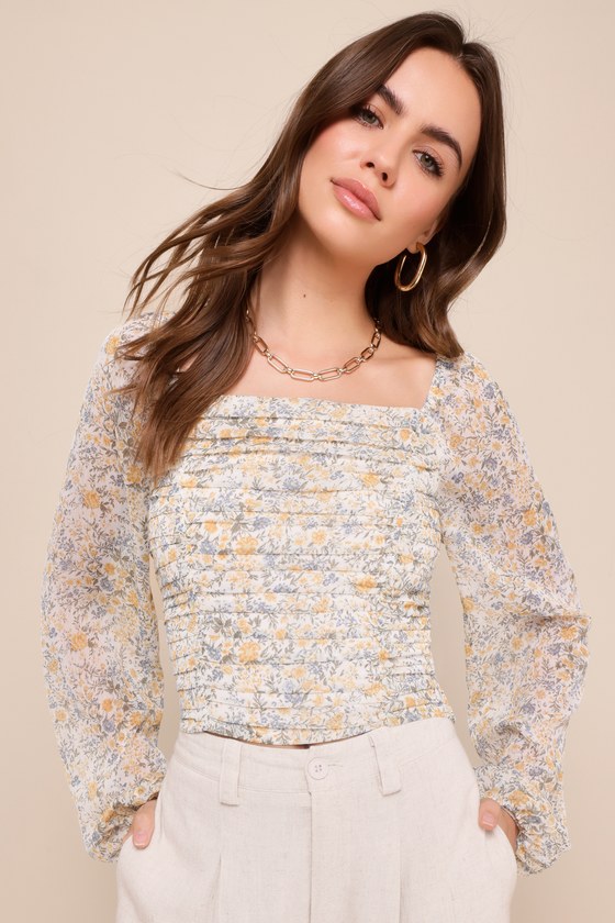 Ivory Floral Print Top - Ruched Long Sleeve Top - Women's Tops - Lulus