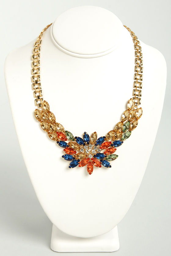 Pretty Gold Necklace - Rhinestone Necklace - Floral Necklace - $20.00 ...