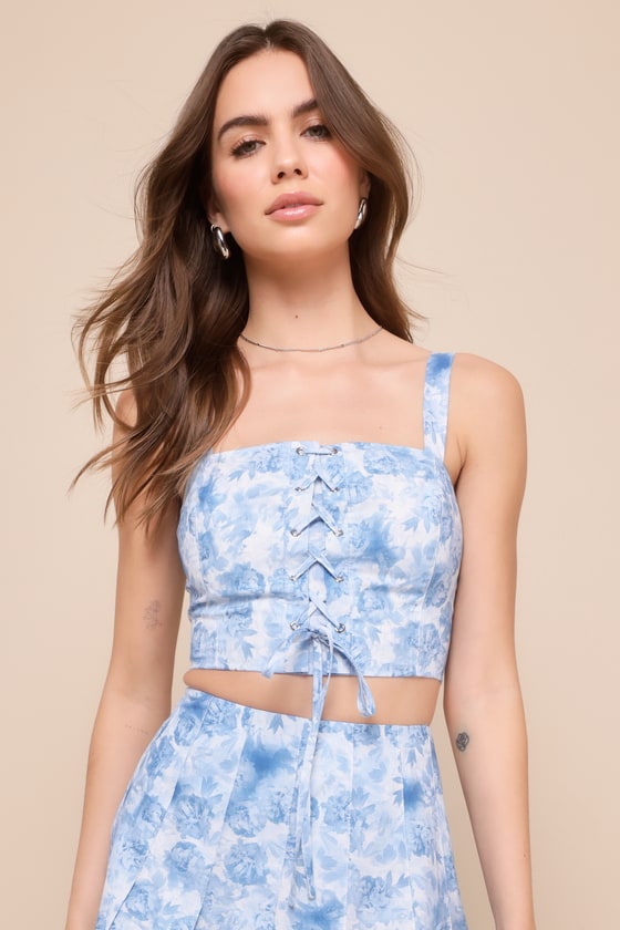 Cute Blue Floral Top - Lace-Up Top - Sleeveless Crop Top - Lulus