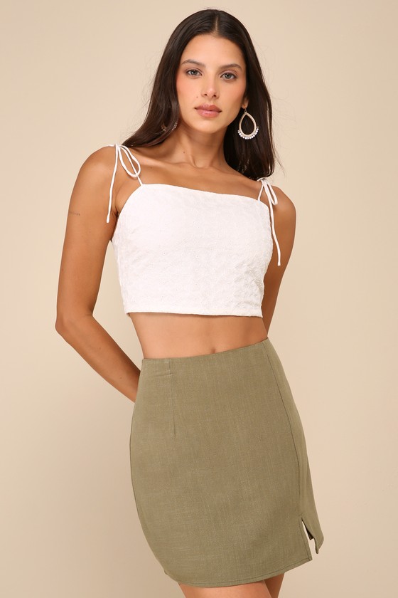 Olive Green Linen Skirt - High-Waisted Skirt - Notched Mini Skirt - Lulus