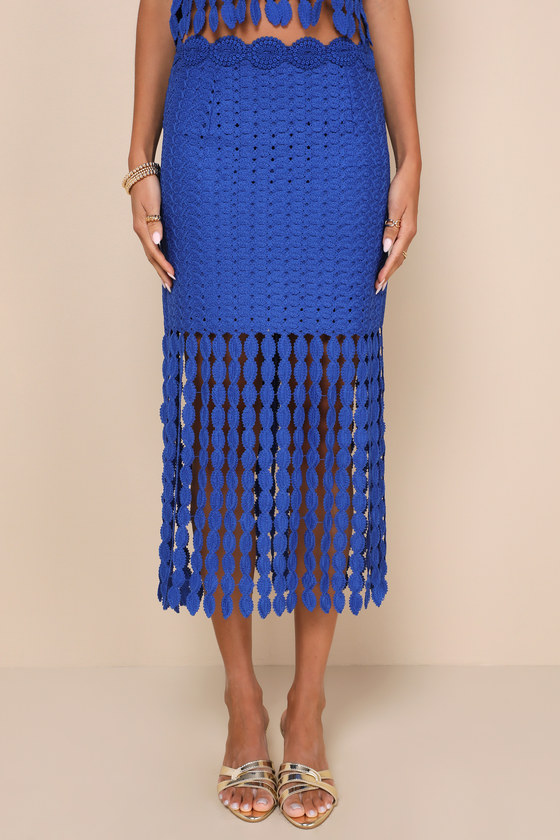 Royal Blue Textured Skirt - Boho Fringe Skirt - Fringe Midi Skirt - Lulus