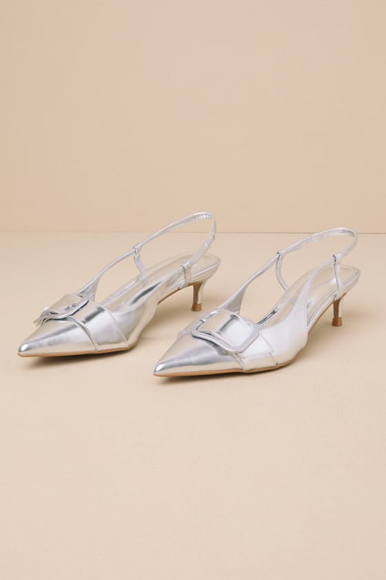 Silver Metallic Pumps - Pointed-Toe Kitten Heels - Buckle Pumps - Lulus
