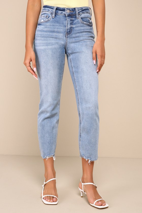 Vervet Medium Wash Jeans - Cropped Jeans - Raw Hem Mid-Rise Jeans - Lulus