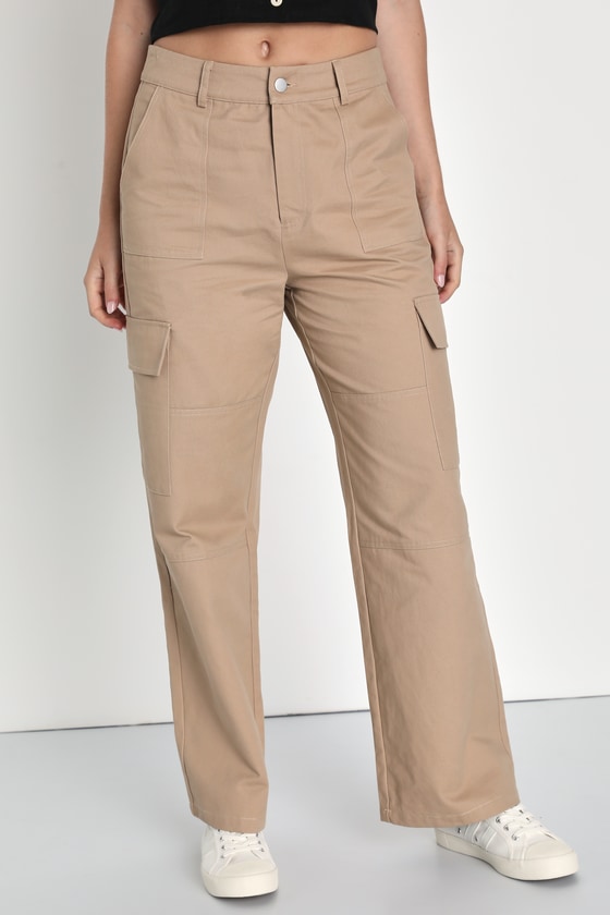 Trendy Tan Cotton Pants - High-Rise Cargo Pants - Wide-Leg Pants - Lulus