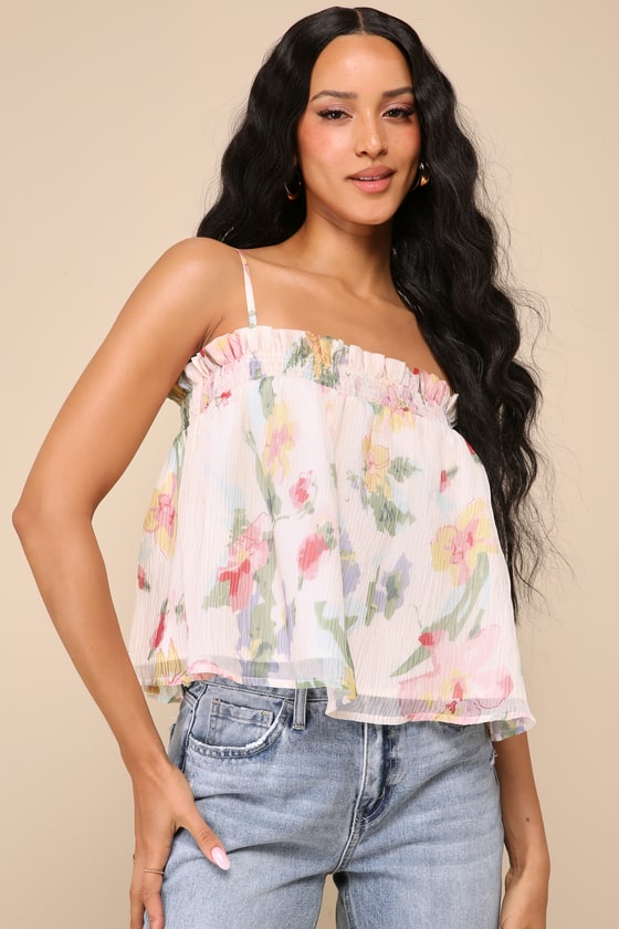 Cream Floral Print Cami Plisse Chiffon Top Chiffon Cami Top Lulus