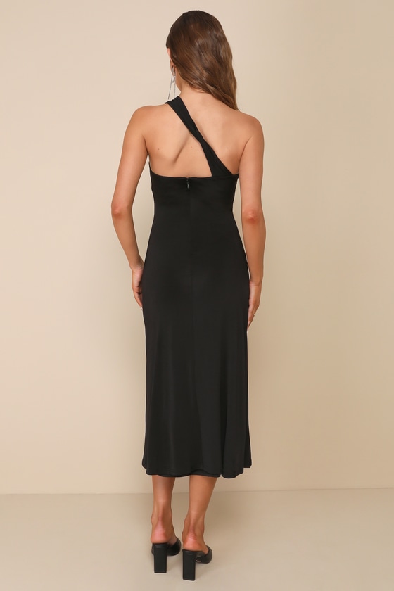 Black Slinky Knit Dress - One-Shoulder Midi Dress - Ruched Dress - Lulus