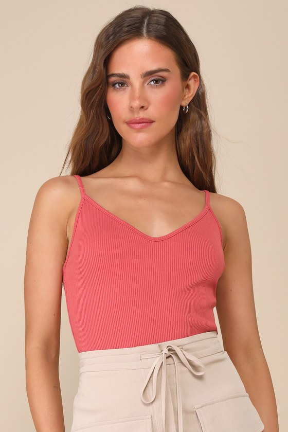 Cute Brick Red Tank Top - V-Neck Cami Top - Ribbed Knit Cami Top - Lulus