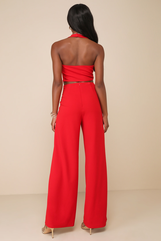 Red Two-Piece Jumpsuit - Red Halter Jumpsuit - Wide-Leg Jumpsuit - Lulus