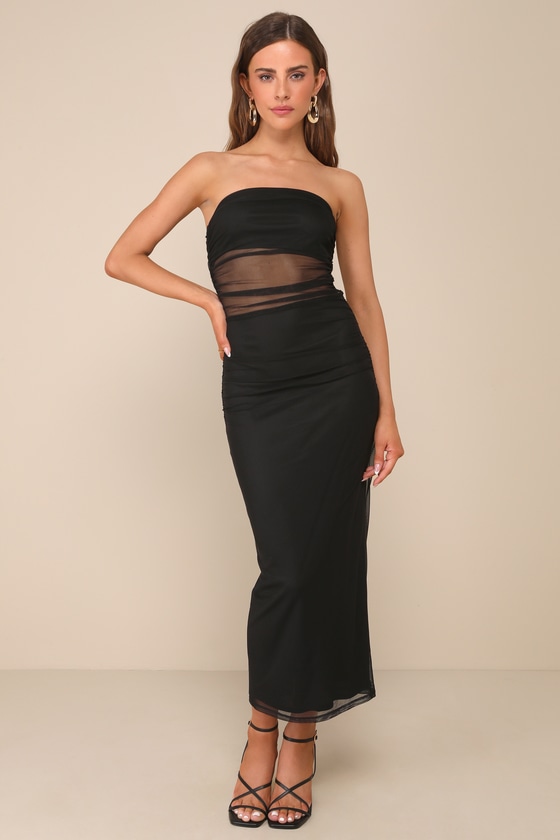 Sexy Black Dress - Mesh Ruched Dress - Strapless Midi Dress - Lulus