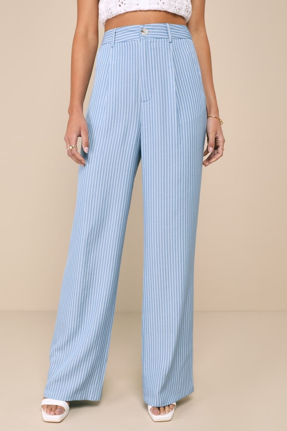 Blue Pinstriped Pants - High-Rise Pants - Wide Leg Pants - Lulus