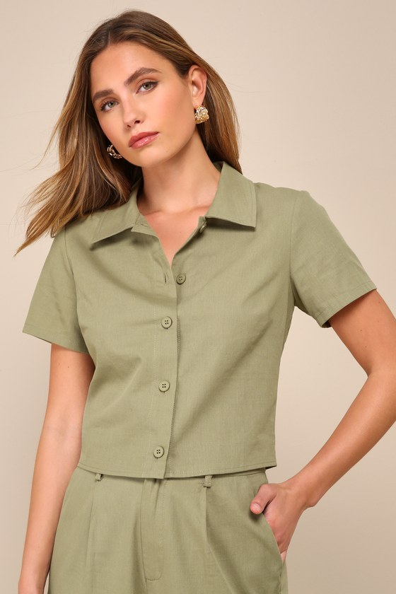 Olive Green Top - Cotton Button-Up - Cotton Short Sleeve Top - Lulus