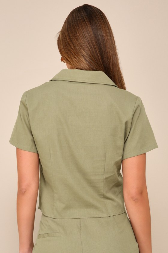 Olive Green Top - Cotton Button-Up - Cotton Short Sleeve Top - Lulus