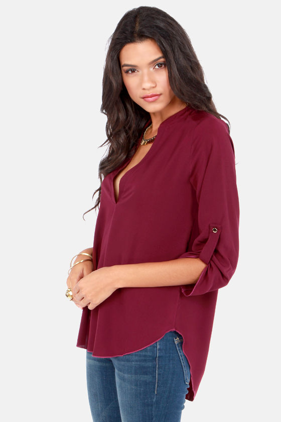 Cute Burgundy Top V Neck Top Burgundy Blouse 36 00