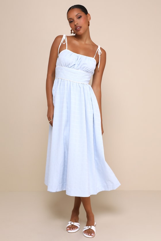 Blue Tie-Strap Dress - Midi Dress With Pockets - A-Line Dress - Lulus