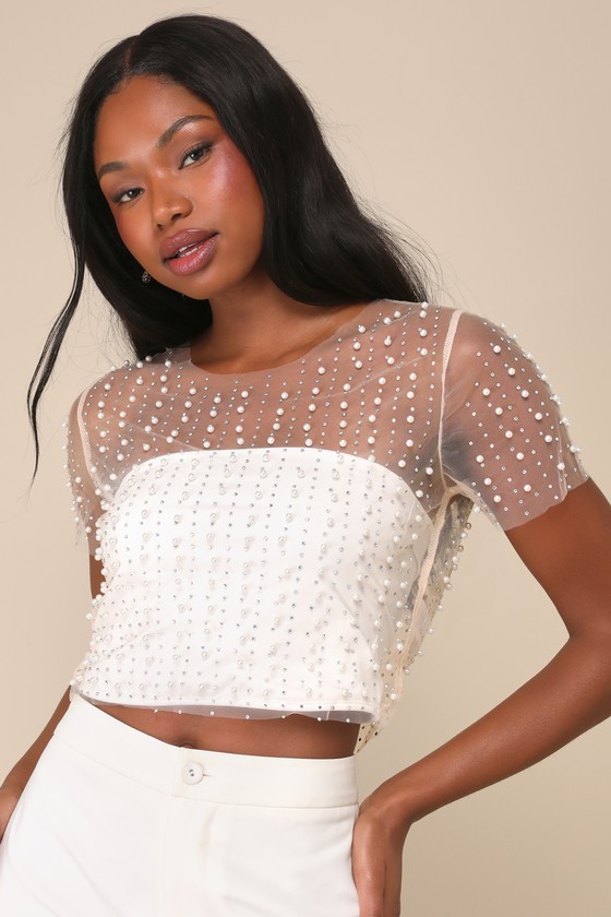 Beige Sheer Mesh Top - Pearl Rhinestone Top - Embellished Top - Lulus
