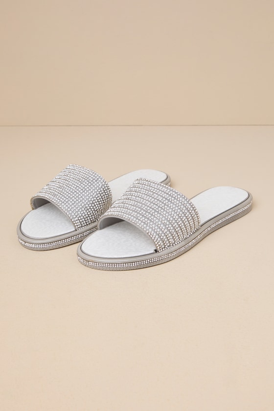 Silver Rhinestone Sandals - Slide Sandals - Flat Slide Sandals - Lulus