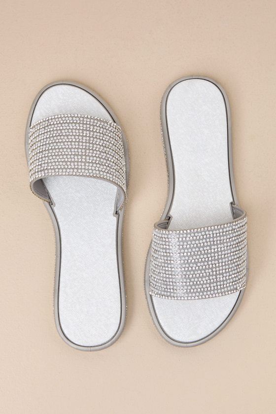 Silver Rhinestone Sandals - Slide Sandals - Flat Slide Sandals - Lulus