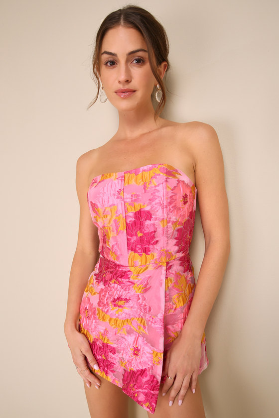 Pink Floral Jacquard Romper Skort Romper Strapless Romper Lulus