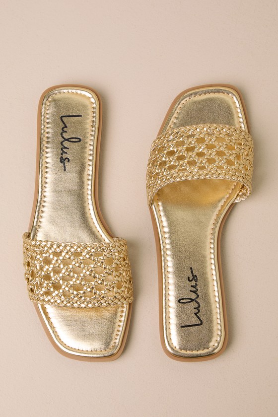 Gold Metallic Sandals - Flat Slide Sandals - Woven Slide Sandals - Lulus