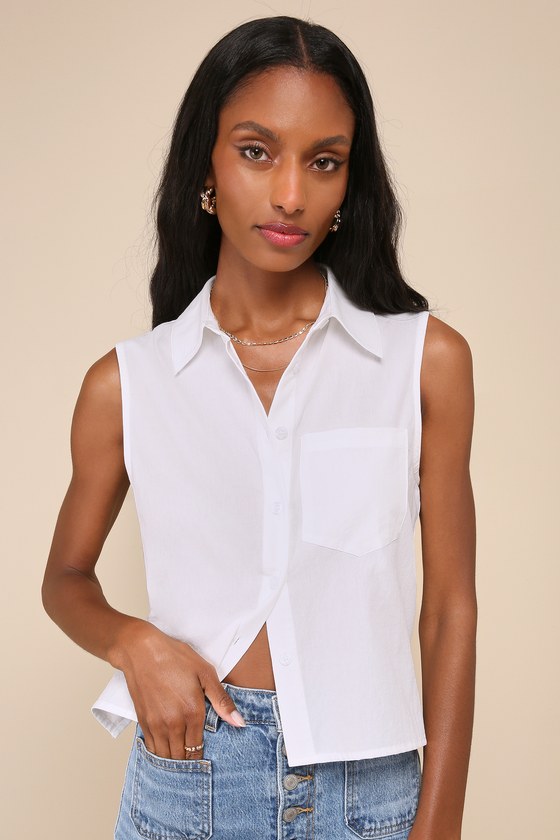 White Sleeveless Top - Button-Up Crop Top - Collared Top - Lulus