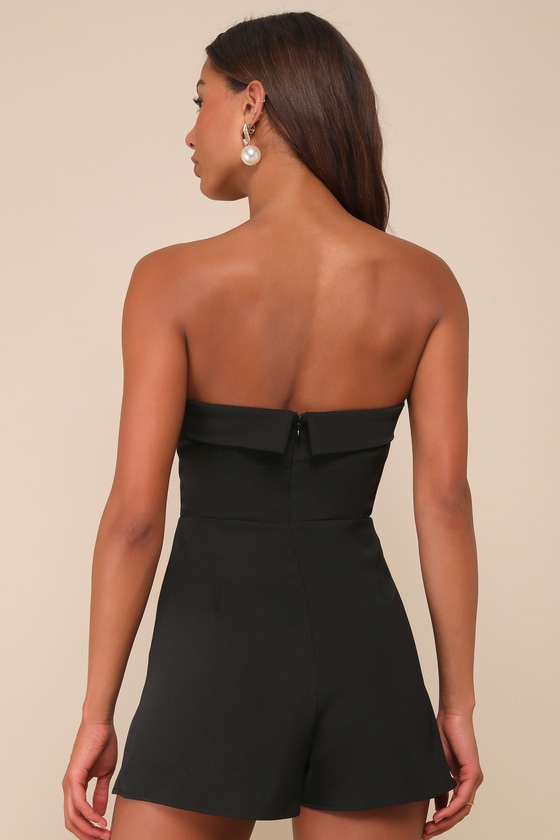 Black Button-Front Romper - Strapless Romper - Blazer Romper - Lulus