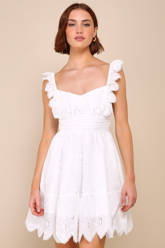 White Mini Dress - Eyelet Embroidered Dress - Ruffled Mini Dress - Lulus