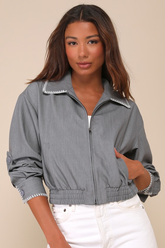 Grey Embroidered Jacket - Bomber Jacket - Lightweight Jacket - Lulus