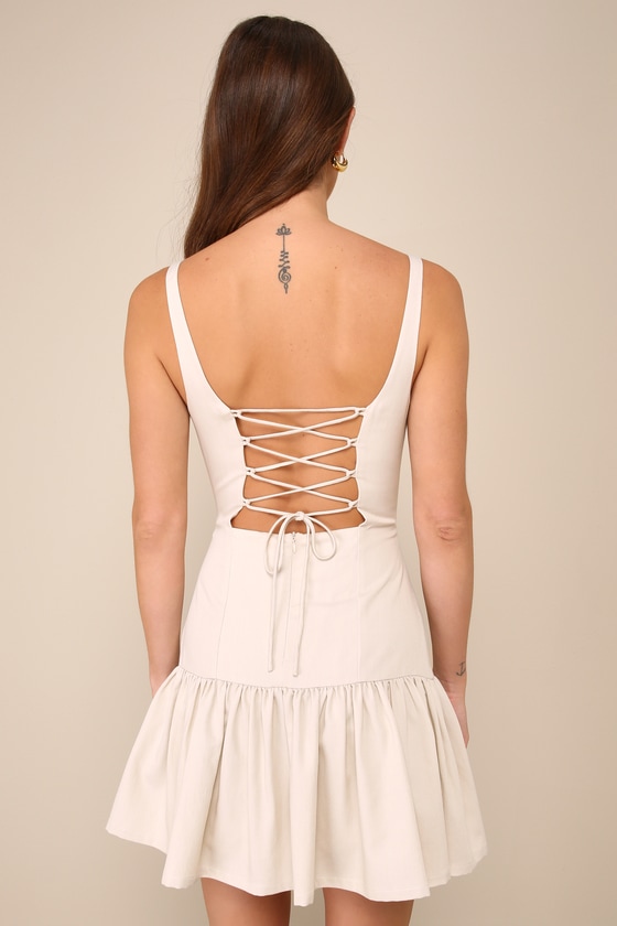 Beige Lace-Up Dress - Backless Drop Waist Dress - Mini Dress - Lulus