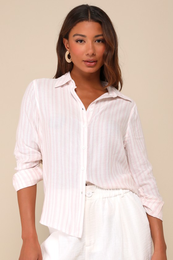 White and Pink Striped Top - Button-Up Top - Collared Striped Top - Lulus