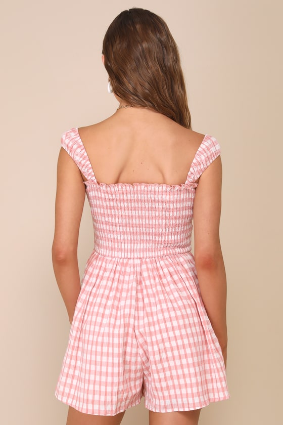 Ivory and Pink Gingham Romper - Smocked Romper - Romper - Lulus