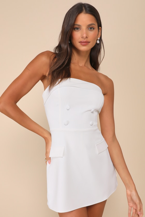White Button-Front Romper - Strapless Romper - Blazer Romper - Lulus