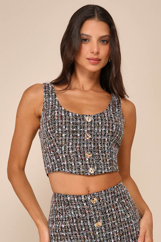 Black Tweed Top - Tweed Lurex Top - Sleeveless Button-Front Top - Lulus