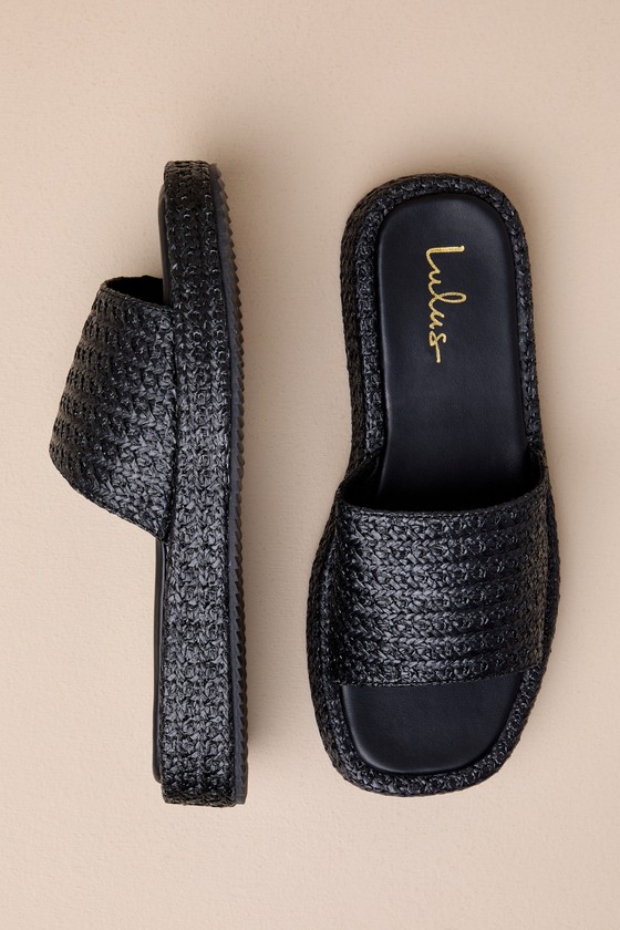 Black Raffia Sandals - Platform Slide Sandals - Slide Sandals - Lulus