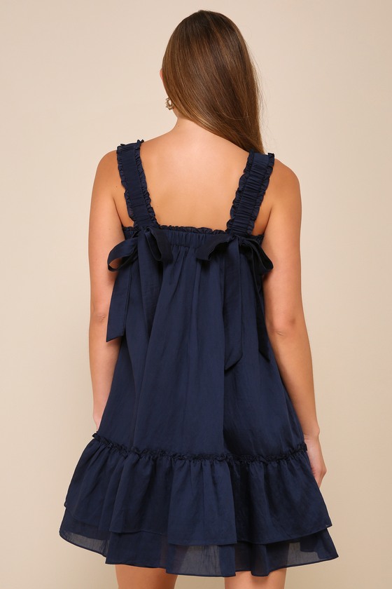 Navy Blue Bow Dress - Tiered Ruffled Dress - Mini Shift Dress - Lulus