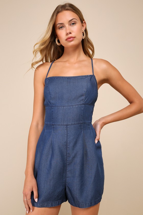 Dark Wash Romper - Lace-Up Romper - Blue Chambray Romper - Lulus