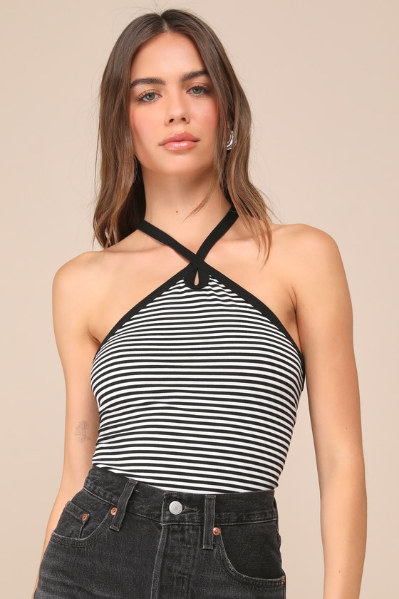 Black Striped Ribbed Knit Top - Keyhole Halter Top - Halter Top - Lulus