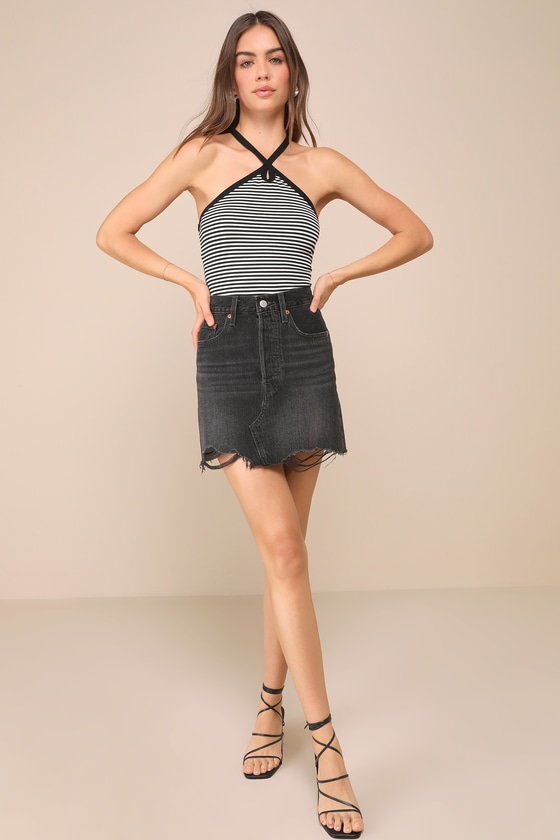 Black Striped Ribbed Knit Top - Keyhole Halter Top - Halter Top - Lulus