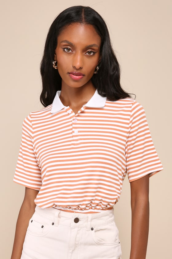 Light Orange Striped Top - Cute Collared Top - Short Sleeve Top - Lulus