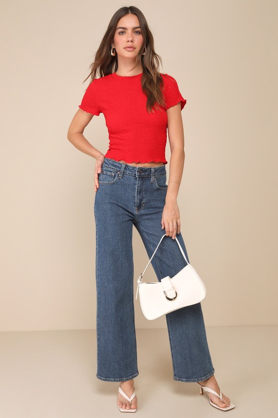 Red Smocked Knit Top - Short Sleeve Top - Lettuce Edge Top - Lulus