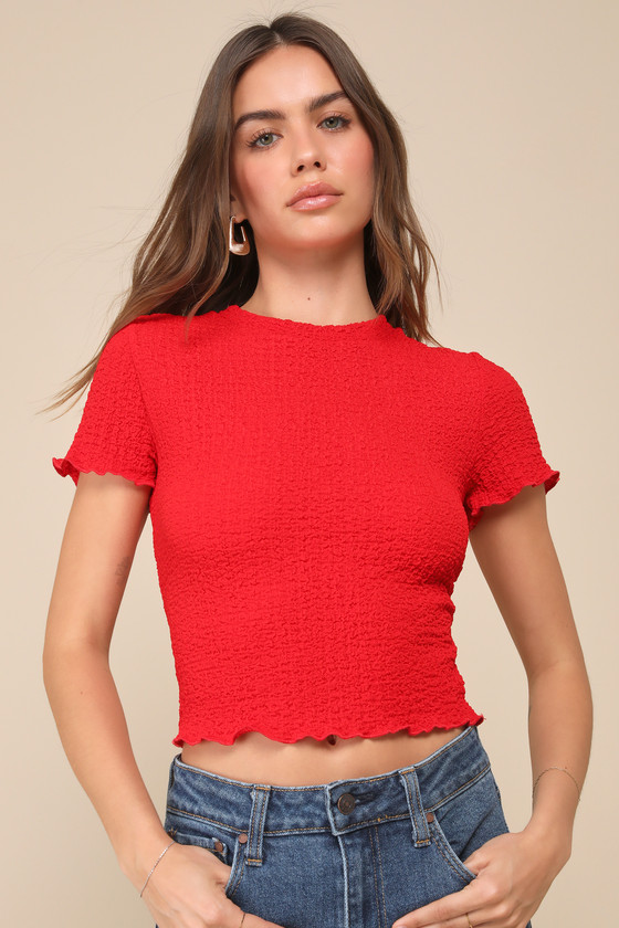 Red Smocked Knit Top - Short Sleeve Top - Lettuce Edge Top - Lulus