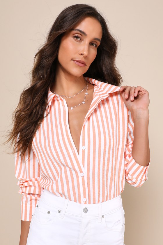 Ivory and Coral Striped Top - Collared Top - Button-Up Top - Lulus