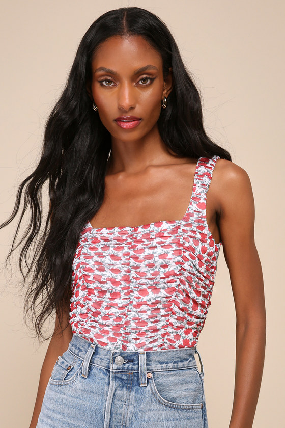 White Floral Print Top - Ruched Mesh Top - Sleeveless Crop Top - Lulus