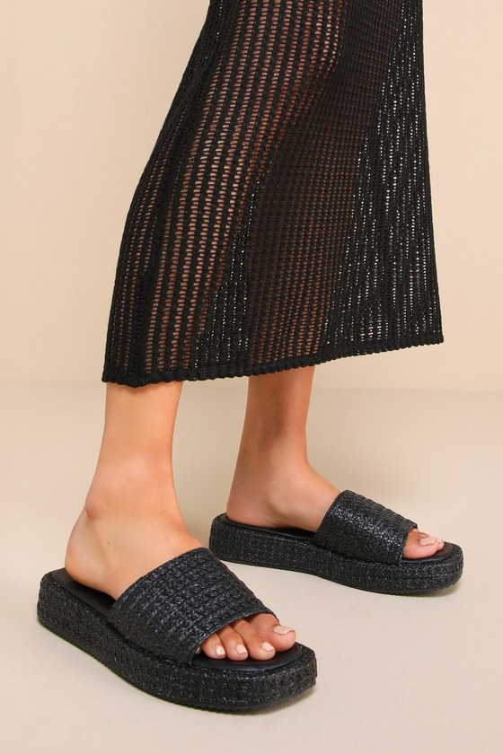 Black Raffia Sandals - Platform Slide Sandals - Slide Sandals - Lulus