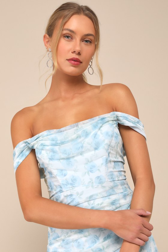 Blue Floral Mesh Dress - OTS Midi Dress - Asymmetrical Dress - Lulus