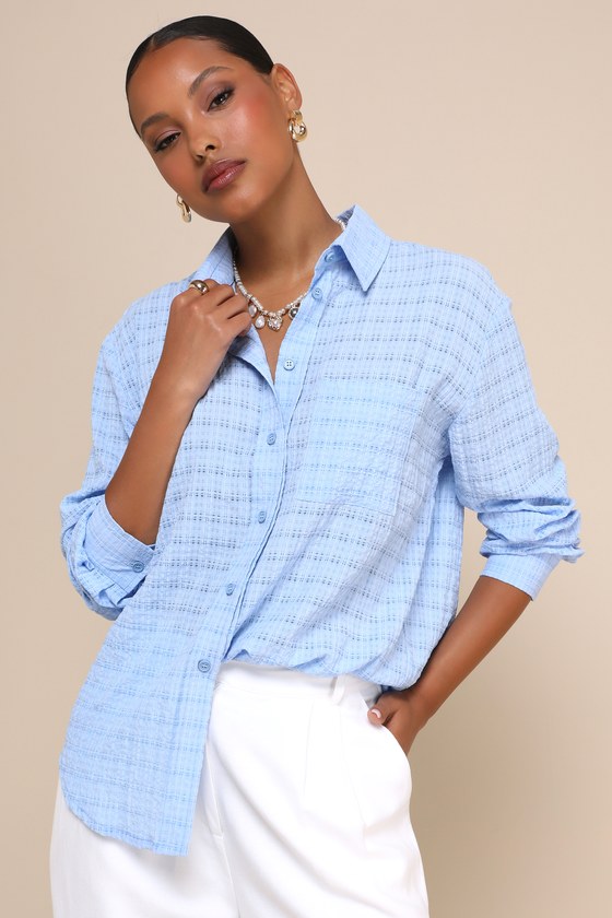 Blue Burnout Plaid Top - Blue Button-Up Top - Collared Blouse - Lulus