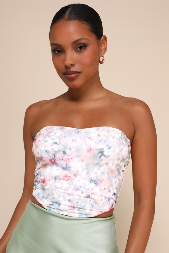 Blush Pink Multi Floral Top - Strapless Mesh Top - Crop Top - Lulus