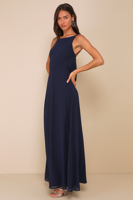 Navy Chiffon Dress - Boat Neck Maxi Dress - Backless Maxi Dress - Lulus