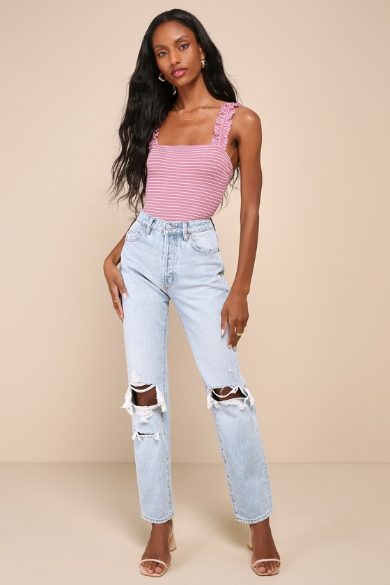 Pink Bodysuit Ribbed Sleeveless Bodysuit Ruffled Bodysuit Lulus
